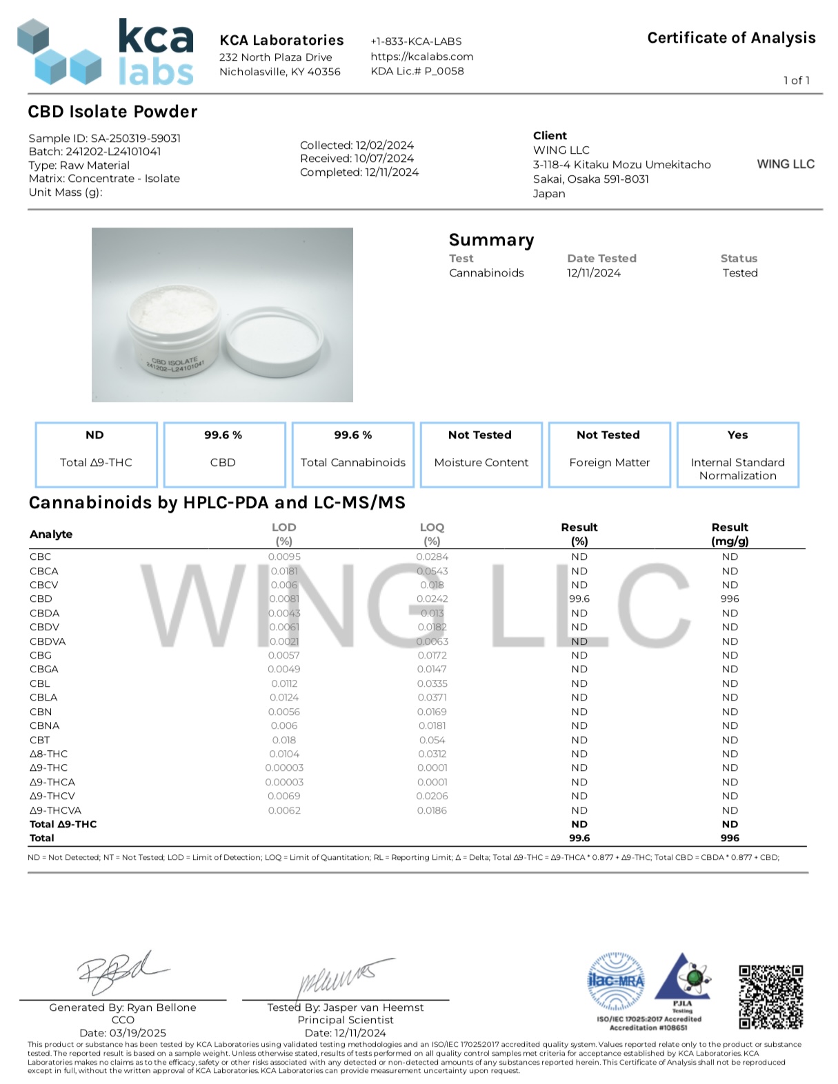 COA 成分分析証明書 - CBDショップ 大阪 WING