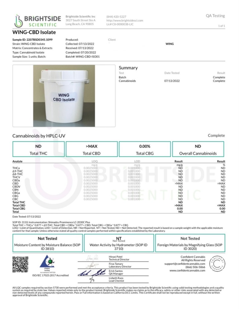 カンナビノイド（CBD,CBN,CRD）原料、テルペンのCOA（成分表）一覧 – WING CBD 大阪
